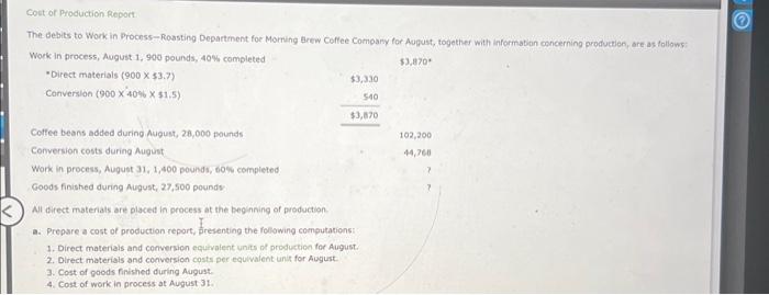 Solved Cout of Production Report The debits to Work in | Chegg.com