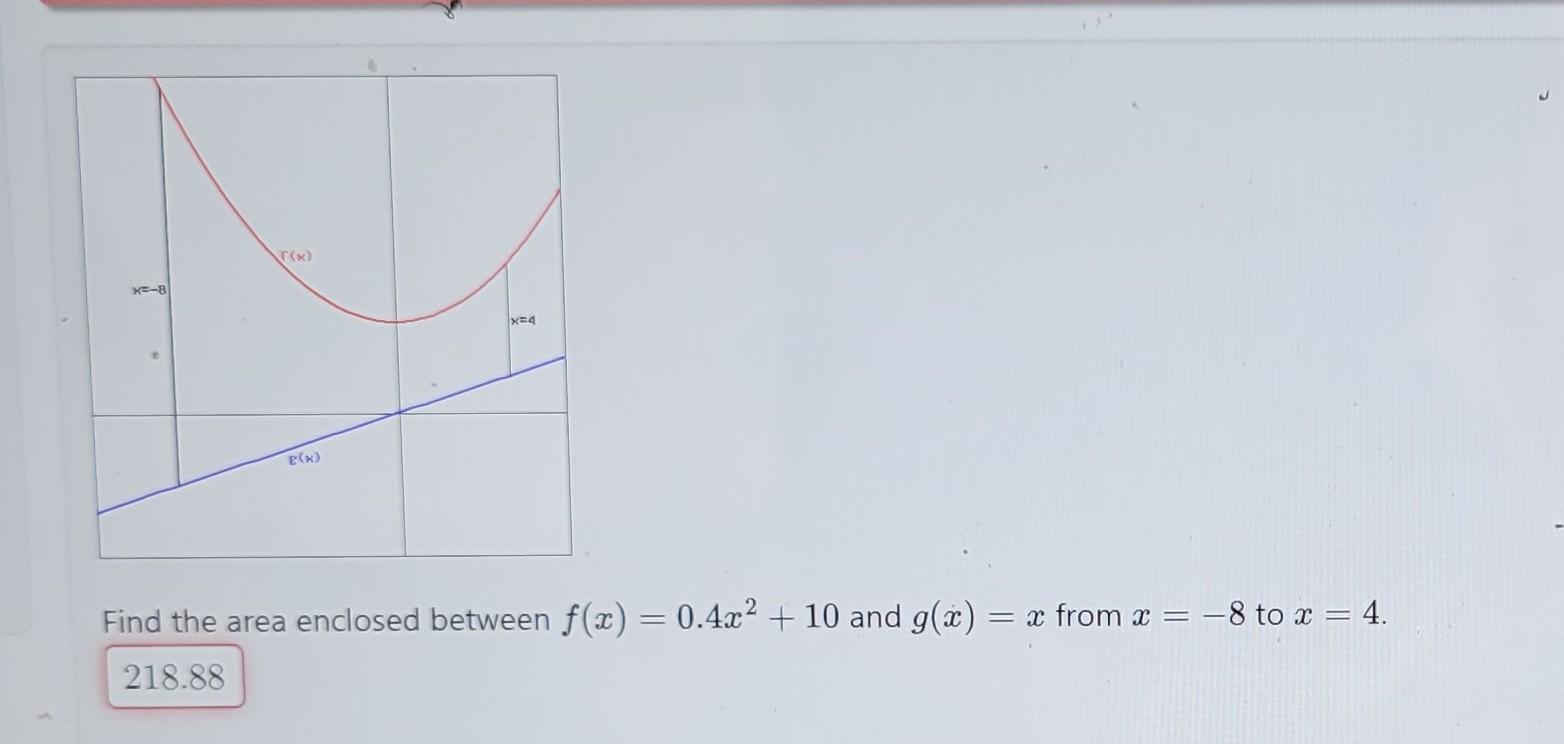 Solved Find the area enclosed between f(x)=0.4x2+10 and | Chegg.com