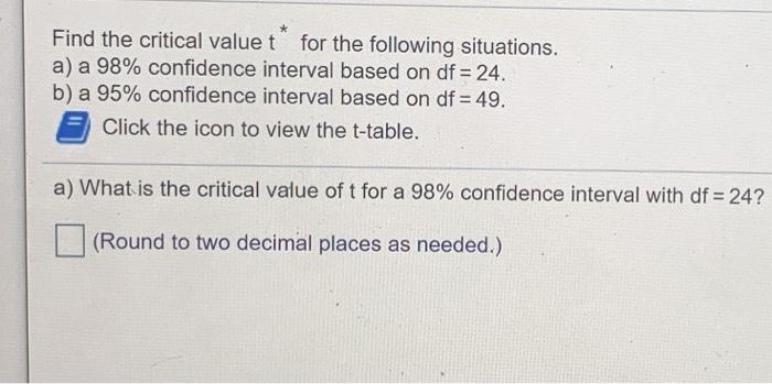 Solved Find the critical value t for the following | Chegg.com