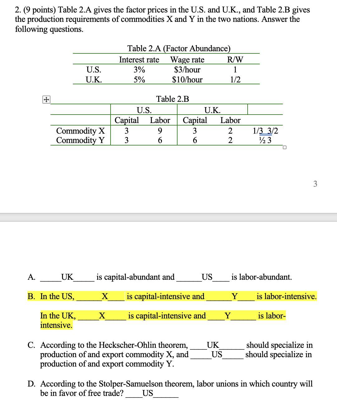 Solved 2. (9 ﻿points) ﻿Table 2.A gives the factor prices in | Chegg.com