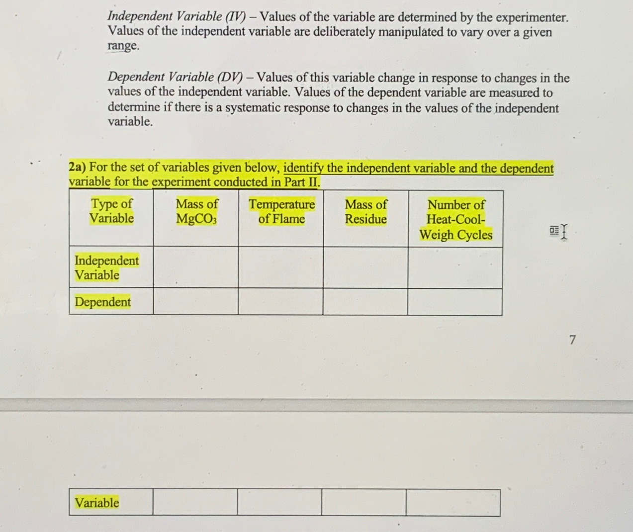 Solved Independent Variable (IV) - ﻿Values of the variable | Chegg.com