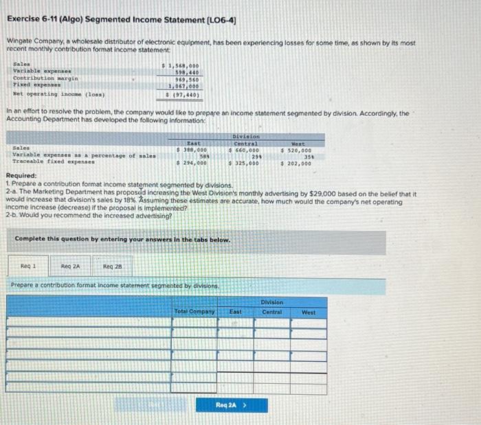 Solved Exercise 6-11 (Algo) Segmented Income Statement | Chegg.com