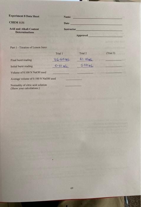 Solved Experiment 8 Data Sheet Name CHEM 1131 Date Acid and | Chegg.com