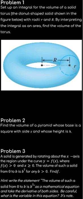 Solved Problem 1 Set up an integral for the volume of a | Chegg.com