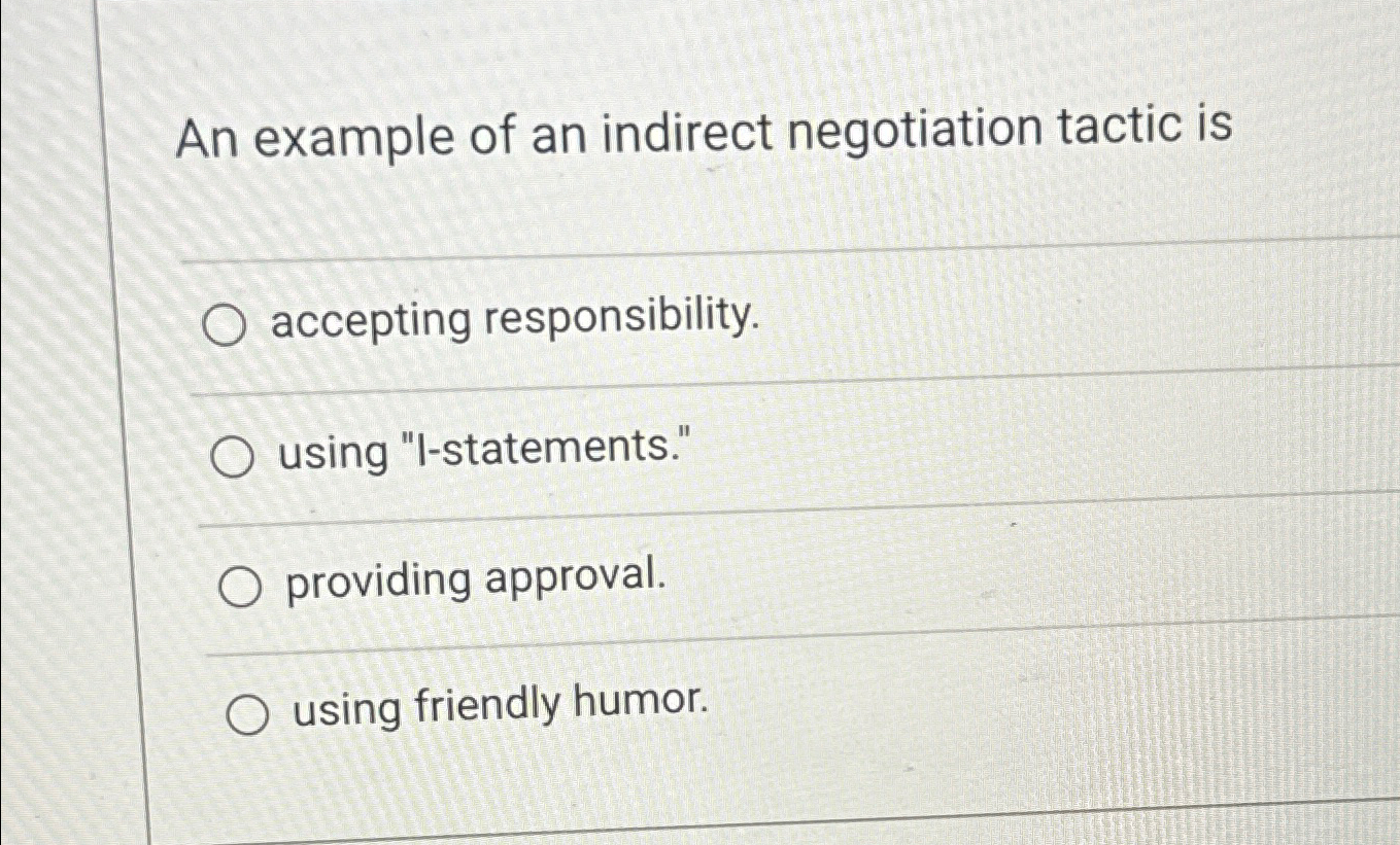Solved An example of an indirect negotiation tactic | Chegg.com