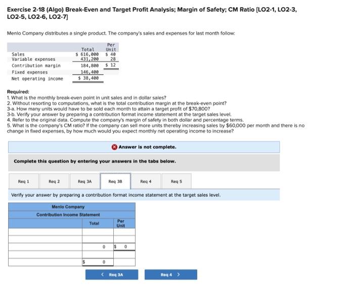 Solved Exercise 2-18 (Algo) Break-Even and Target Profit | Chegg.com