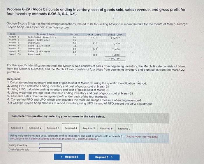 Solved Problem 6-2A (Algo) Calculate ending inventory, cost | Chegg.com