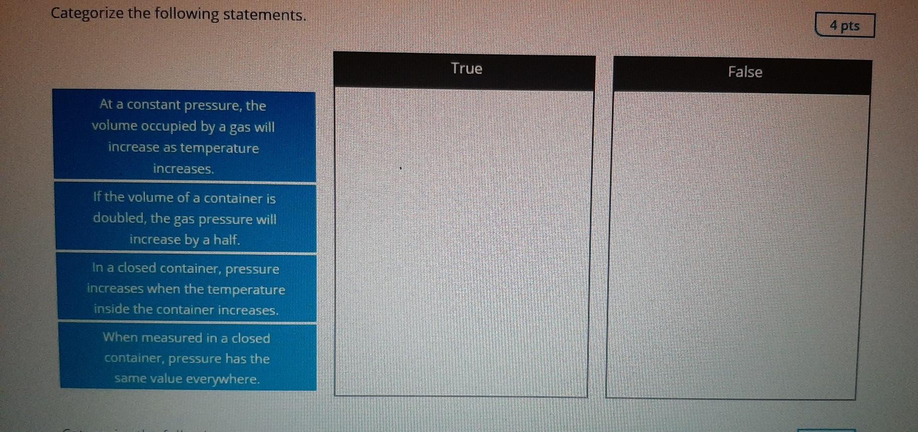 Solved Categorize the following statements. 4 pts True False | Chegg.com