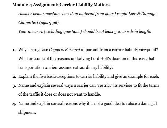 Solved Module-4 Assignment: Carrier Liability Matters Answer | Chegg.com