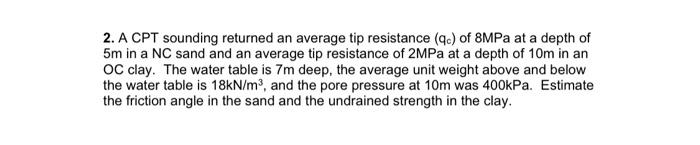 Solved 2. A CPT sounding returned an average tip resistance | Chegg.com
