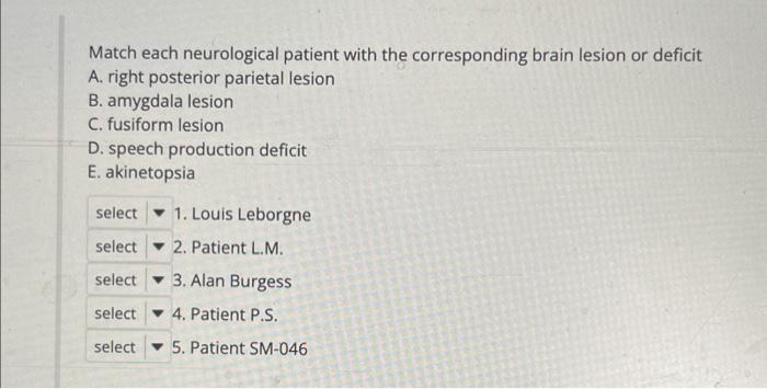 Solved Match each neurological patient with the | Chegg.com