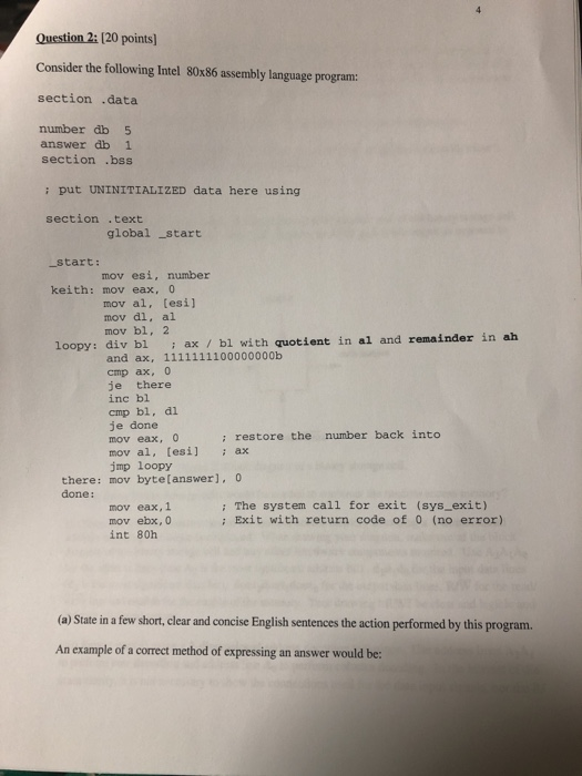 Solved Question 2: (20 points) Consider the following Intel | Chegg.com