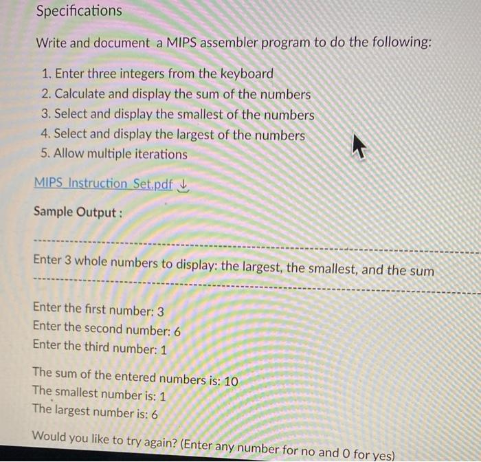 Solved Specifications Write and document a MIPS assembler | Chegg.com Solved Specifications Write and document a MIPS assembler | Chegg.com