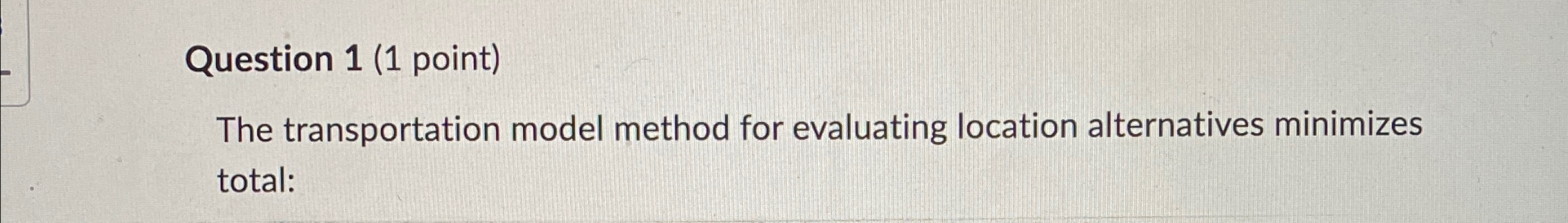 Solved Question 1 (1 ﻿point)The transportation model method | Chegg.com