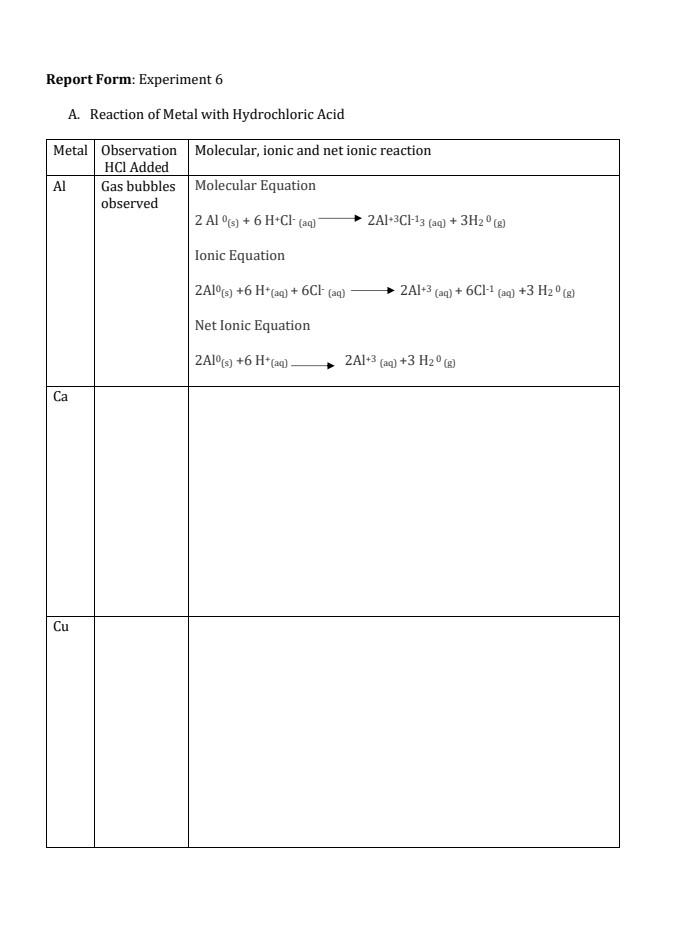 Solved Report Form: Experiment 6 A. Reaction of Metal with | Chegg.com