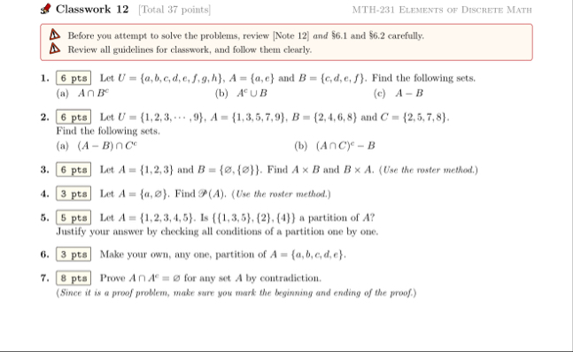 Solved Classwork 12[Total 37 ﻿points]MTH-231 ﻿Elements of | Chegg.com