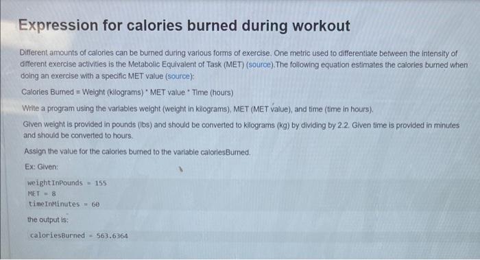 Solved Expression For Calories Burned During Workout 