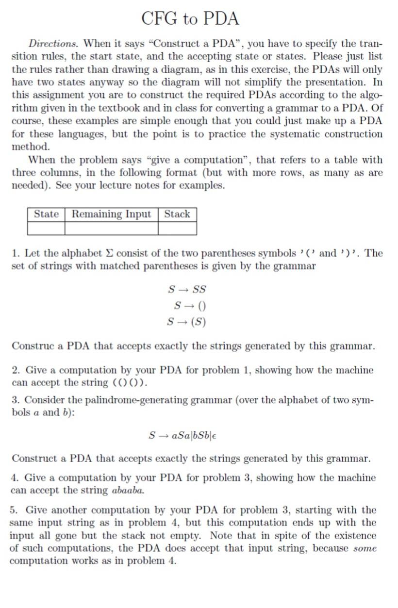 Solved CFG to PDA Directions. When it says "Construct a | Chegg.com