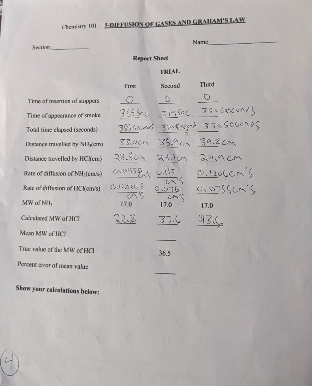 Solved Chemistry 101 5-DIFFUSION OF GASES AND GRAHAM'S LAW | Chegg.com