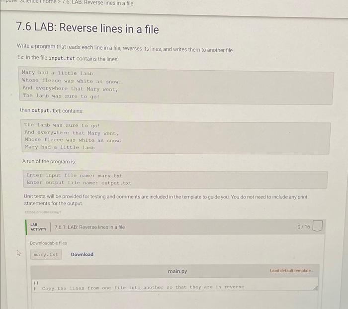 Solved 1.0 LAB: Reverse lines in a file Write a program that | Chegg.com