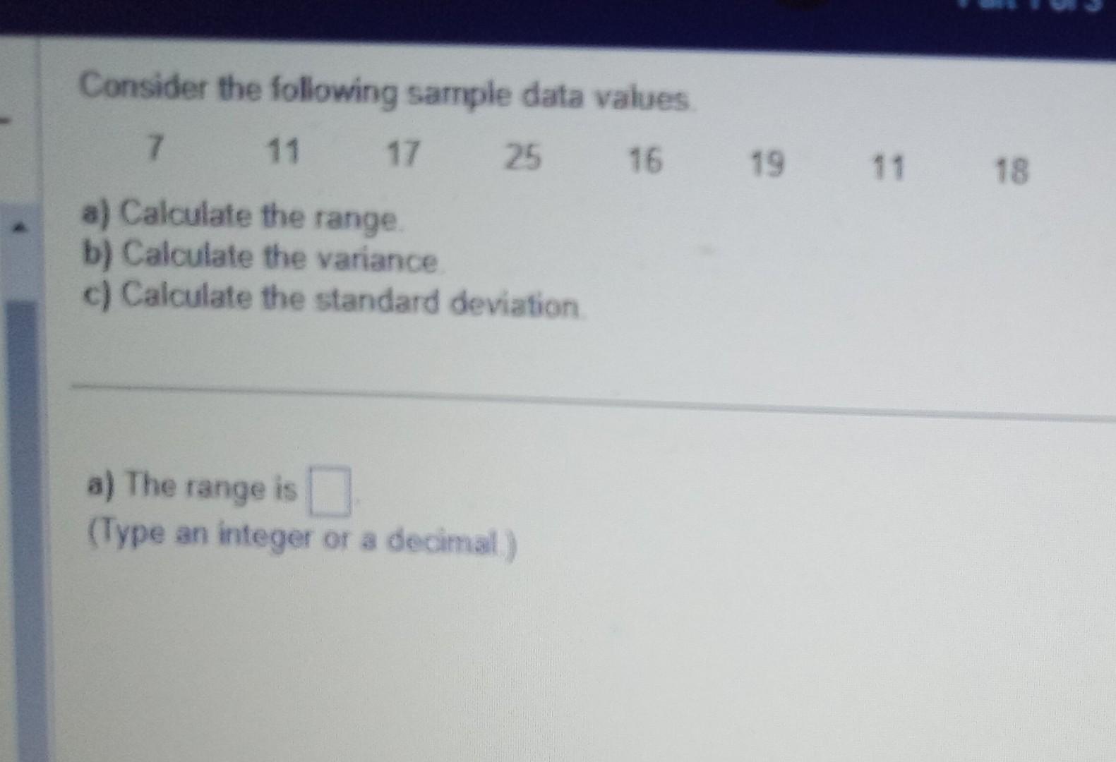Solved Consider the following sample data values 1911 18 a) | Chegg.com