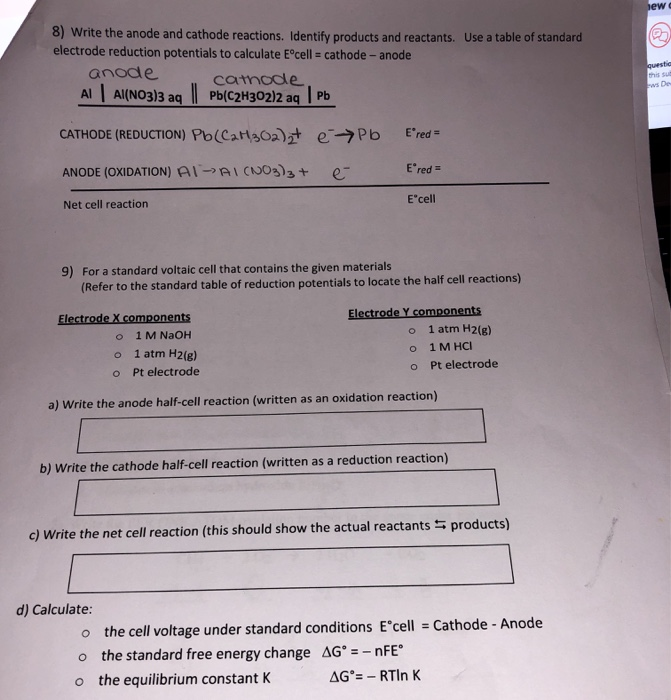 Solved bew 8) Write the anode and cathode reactions. | Chegg.com