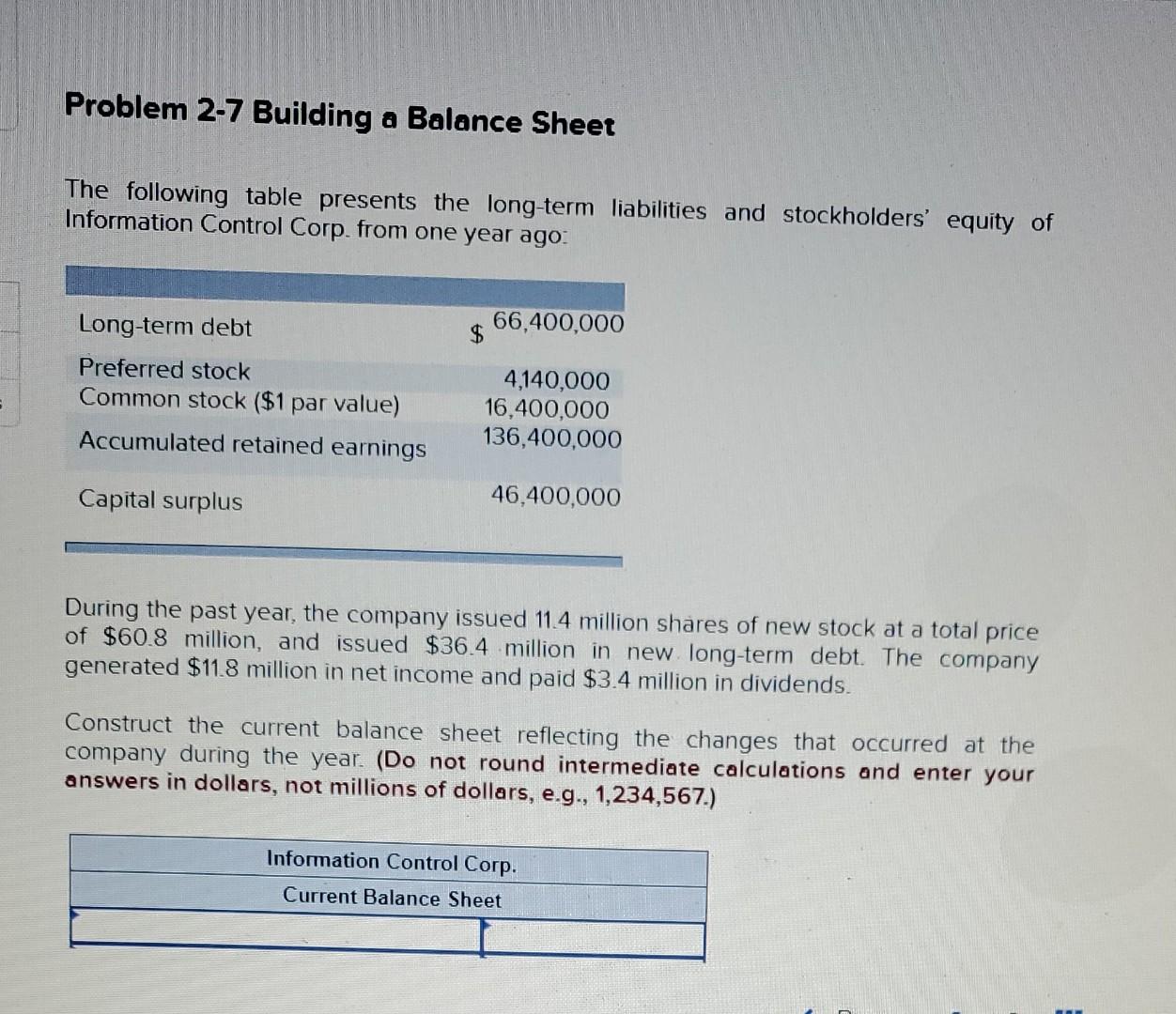Solved Problem 2-7 Building a Balance Sheet The following | Chegg.com