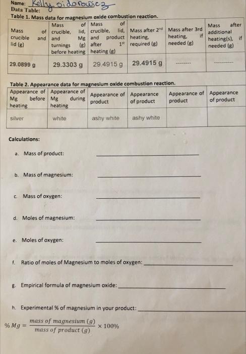 Solved Name: Data Table: Table 1. Mass data for magnesium | Chegg.com