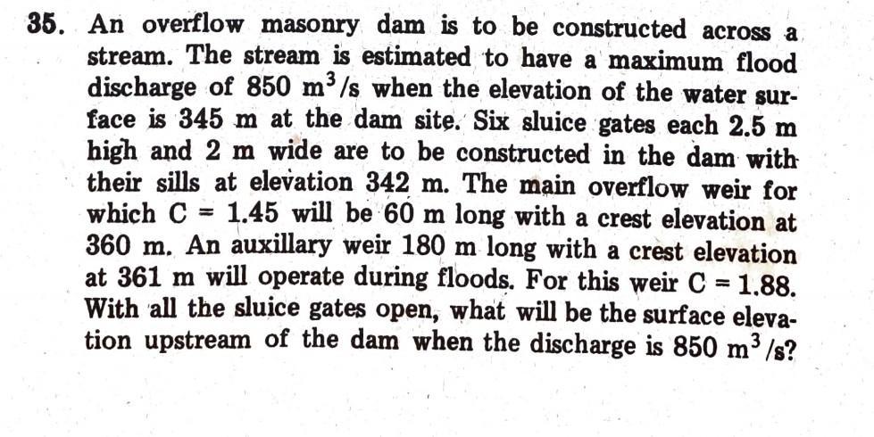 Solved 35. An overflow masonry dam is to be constructed | Chegg.com