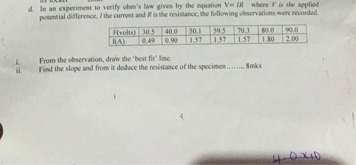 Solved d. In an experiment to verify ohm's law given by the | Chegg.com