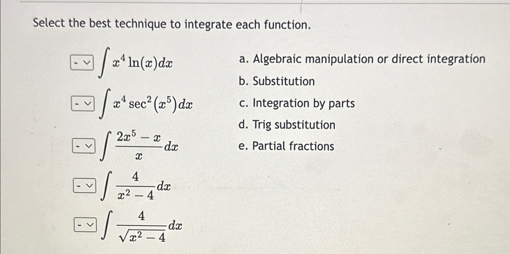 Solved Select the best technique to integrate each | Chegg.com