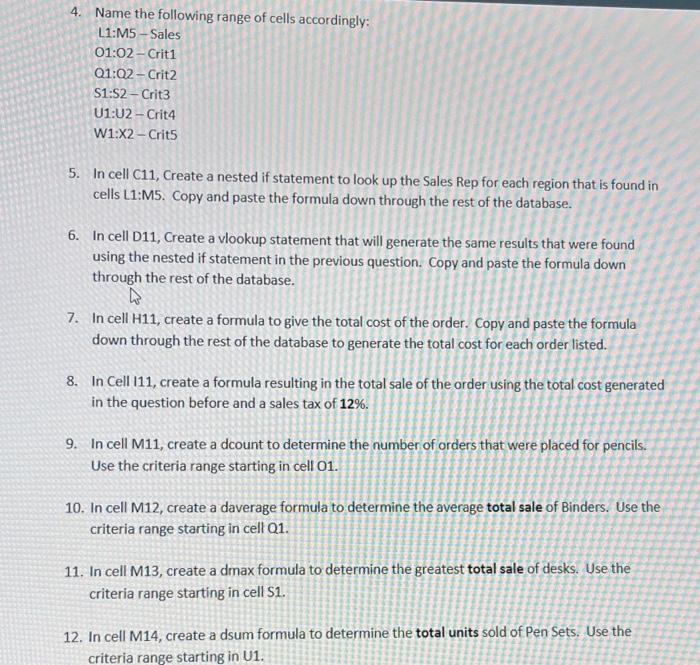 Solved 4. Name the following range of cells accordingly: | Chegg.com