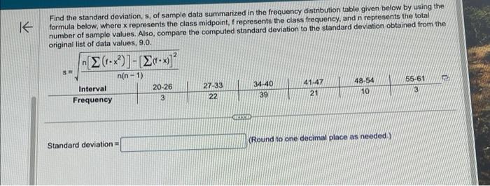 Solved Find the standard deviation, s, of sample data | Chegg.com