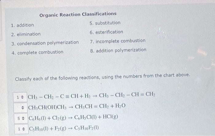 Solved Organic Reaction Classifications 1. addition 5. | Chegg.com
