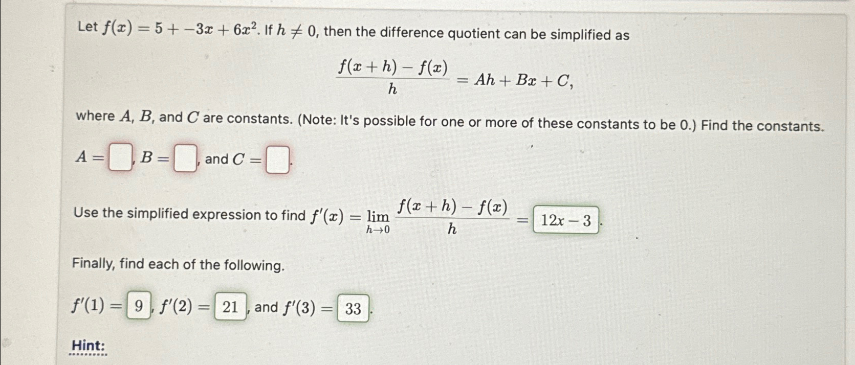 Solved Let f(x)=5+-3x+6x2. ﻿If h≠0, ﻿then the difference | Chegg.com