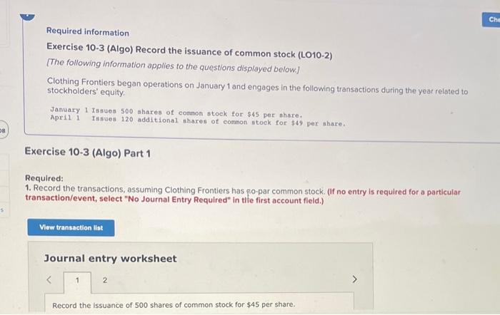 Solved Required information Exercise 10-3 (Algo) Record the | Chegg.com