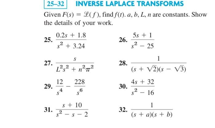 Solved 25-32 INVERSE LAPLACE TRANSFORMS Given F(s)=L(f), | Chegg.com