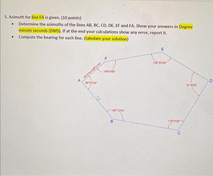 Solved 5. Azimuth for line FA is given. (10 points) - | Chegg.com