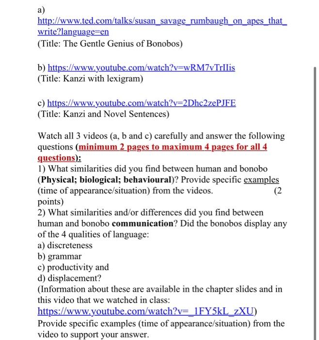 a) http://www.ted.com/talks/susan savage rumbaugh on | Chegg.com