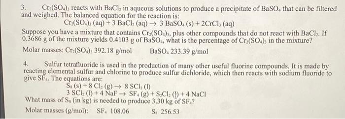 Solved 3. Cr2(SO4)3 reacts with BaCl2 in aqueous solutions | Chegg.com