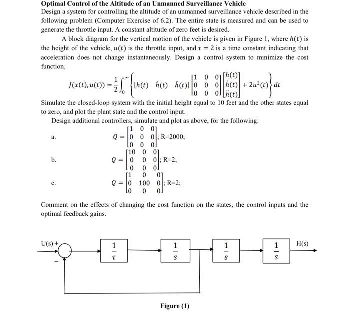 Solved Optimal Control of the Altitude of an Unmanned | Chegg.com