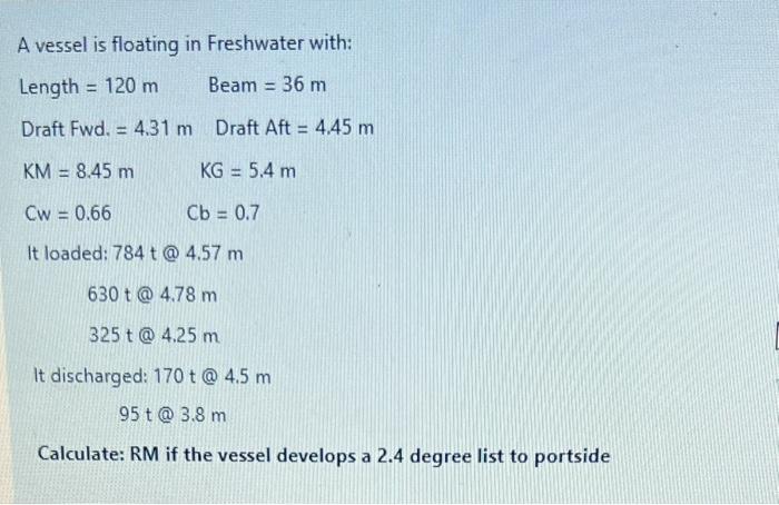 Solved A vessel is floating in Freshwater with: Length = 120 | Chegg.com