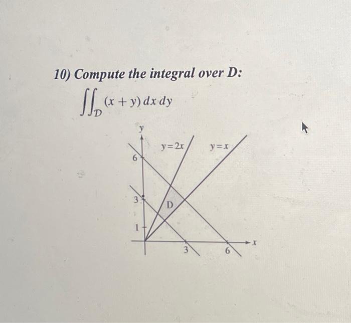 Solved 10) Compute the integral over D: ∬D(x+y)dxdy | Chegg.com