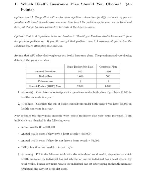 Solved 1 Which Health Insurance Plan Should You Choose? (45 | Chegg.com