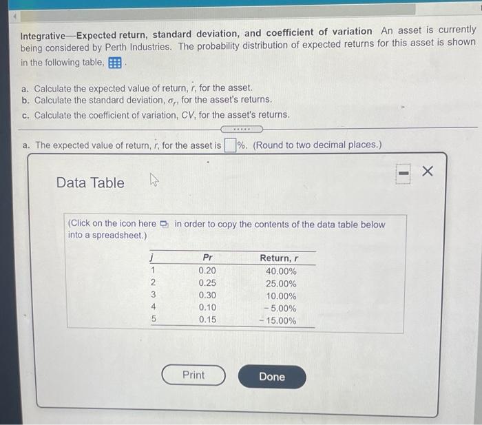 Solved Integrative-Expected return, standard deviation, and | Chegg.com