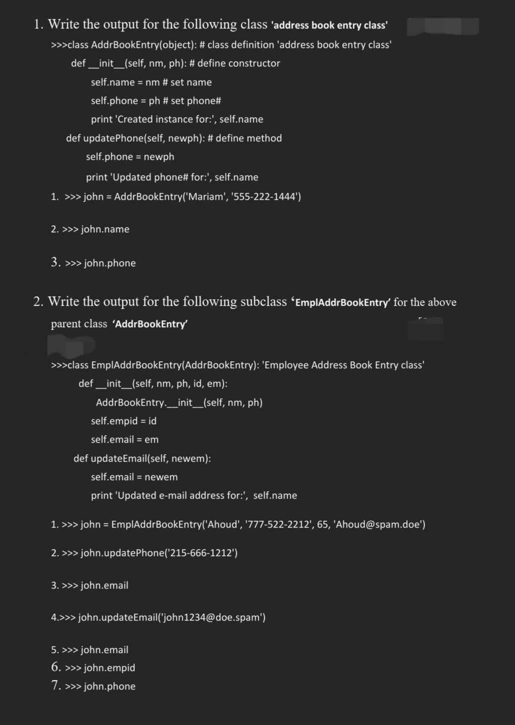 Solved Write the output for the following class 'address | Chegg.com