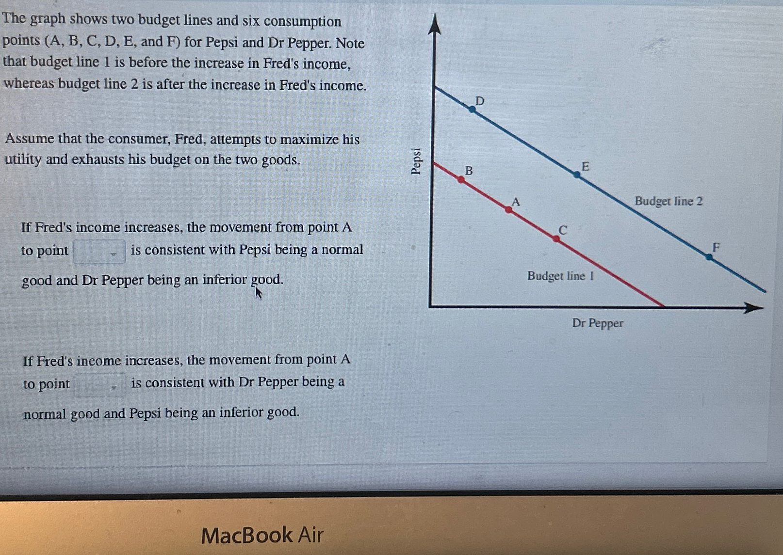 Solved The graph shows two budget lines and six consumption | Chegg.com