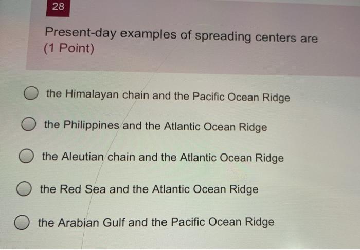 Solved 28 Present-day examples of spreading centers are (1 | Chegg.com