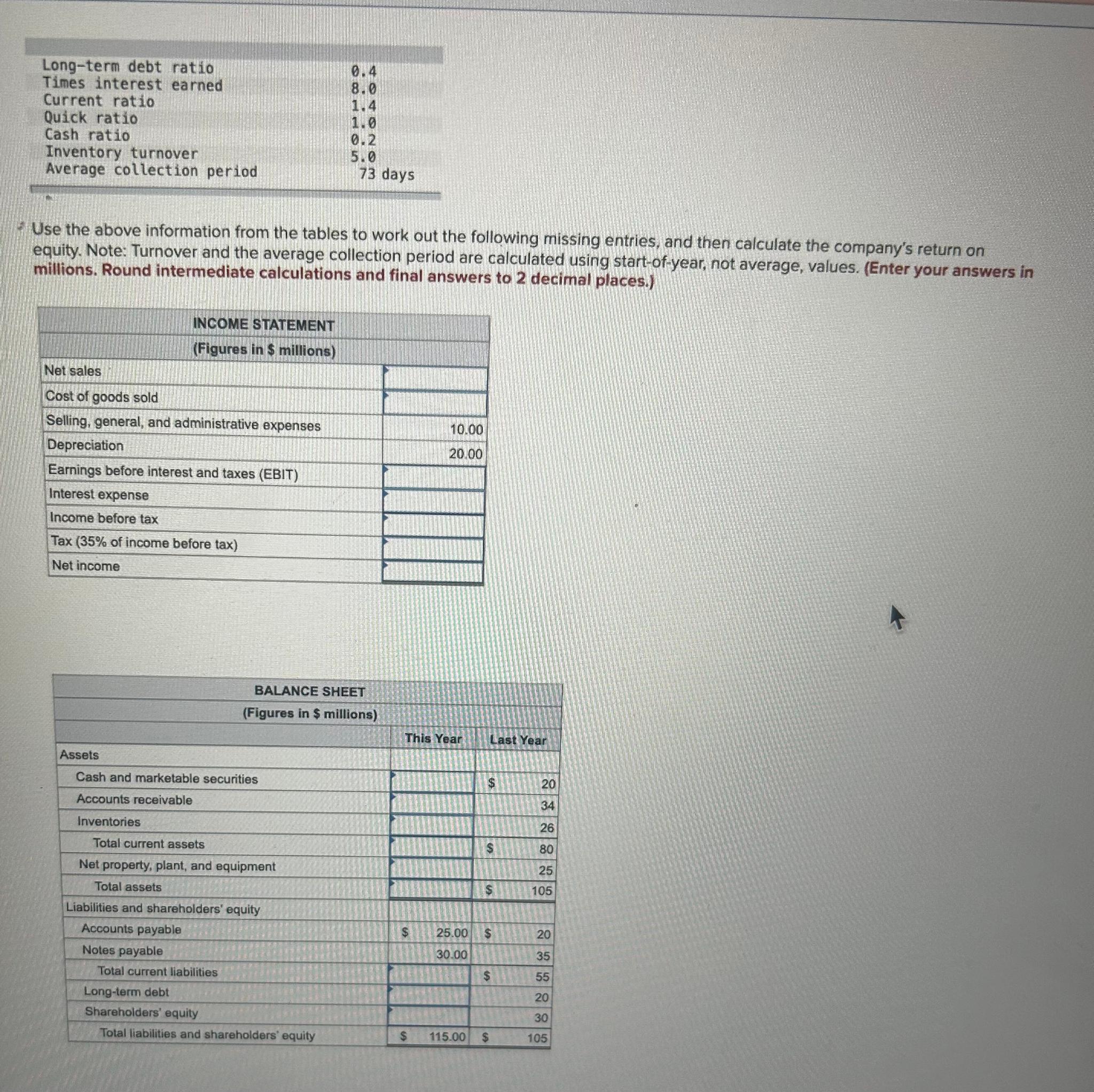 Solved \table[[Long-term debt ratio,0.4],[Times interest | Chegg.com