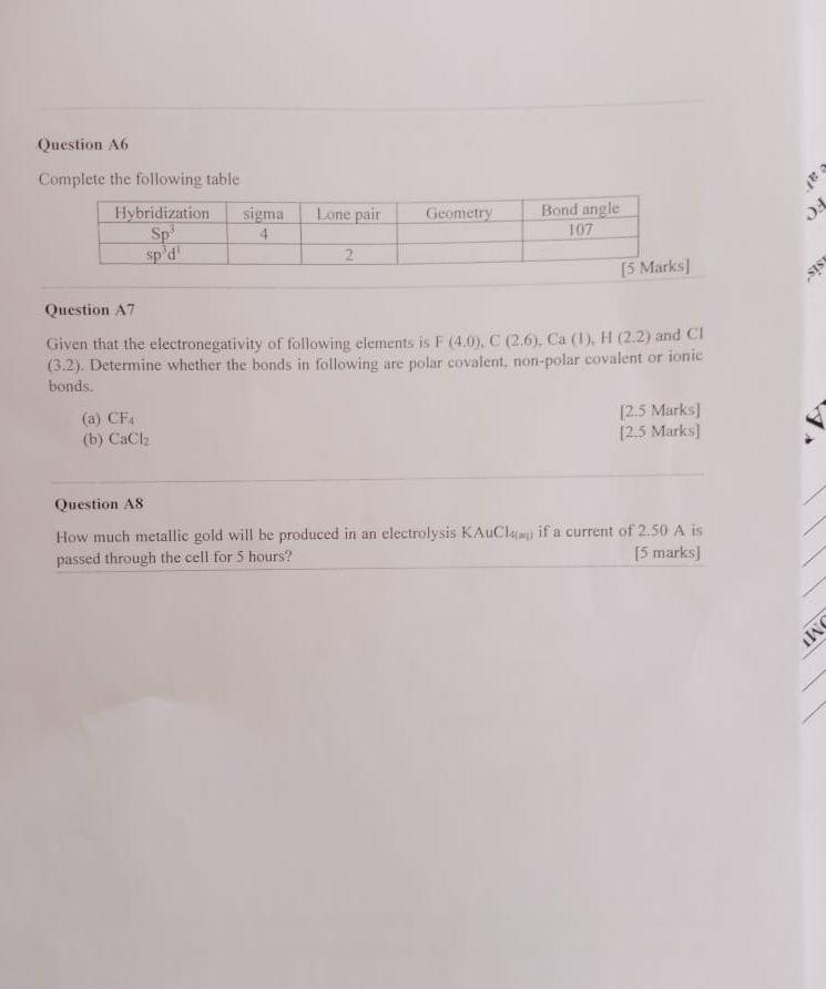 Solved Complete the following table Question A7 Given that | Chegg.com